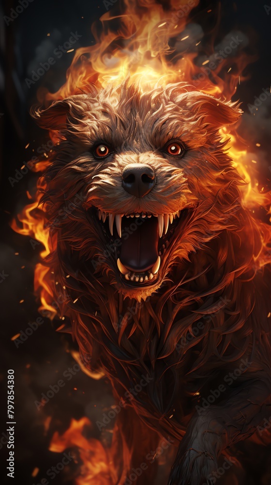 Illustrate a mesmerizing CG 3D rendering of a majestic fire dog from an ...
