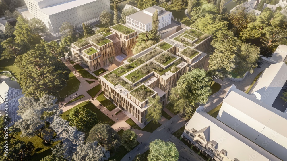 Architectural model of a sustainable building complex with green roofs ...