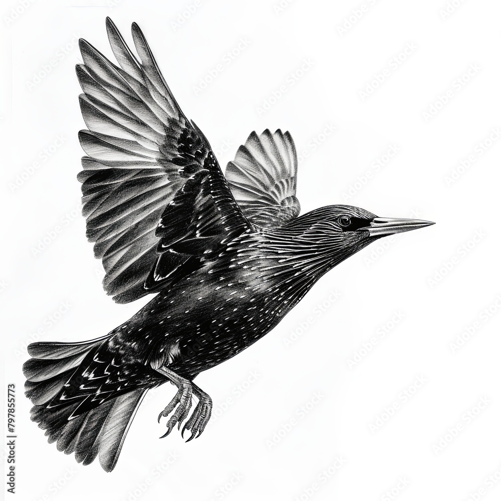Detailed Pencil Sketch of a Starling Bird In Flight Black and White ...