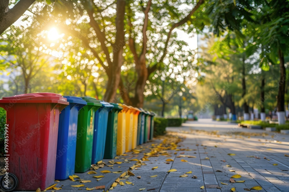 Row of color-coded recycling bins in a park at sunrise, promoting ...