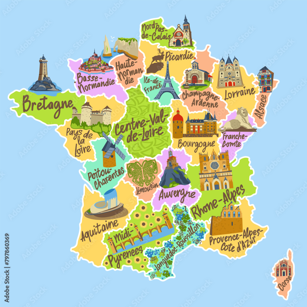 Map of France with French region names and pictures of landmarks ...