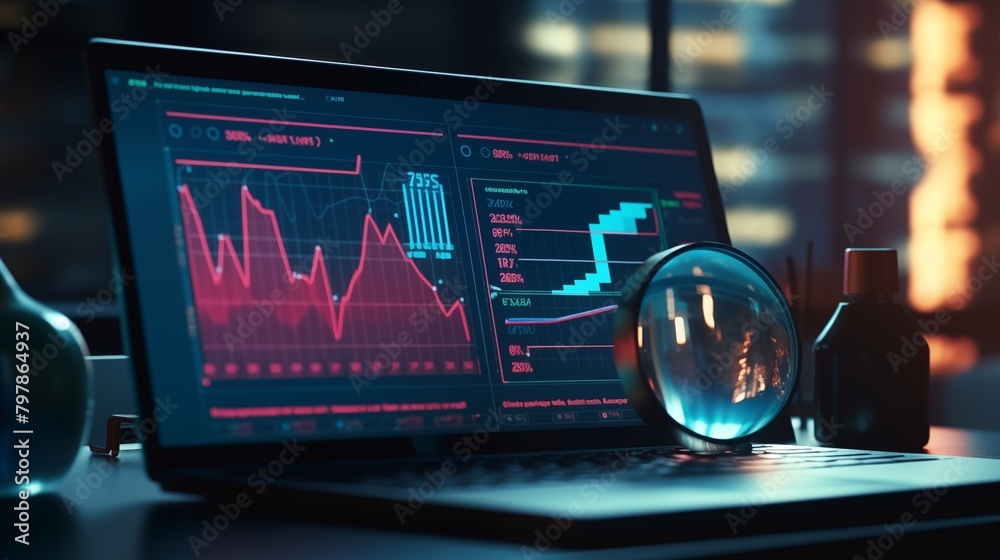 futuristic datum infographic charts analysis of corporate laptop ...