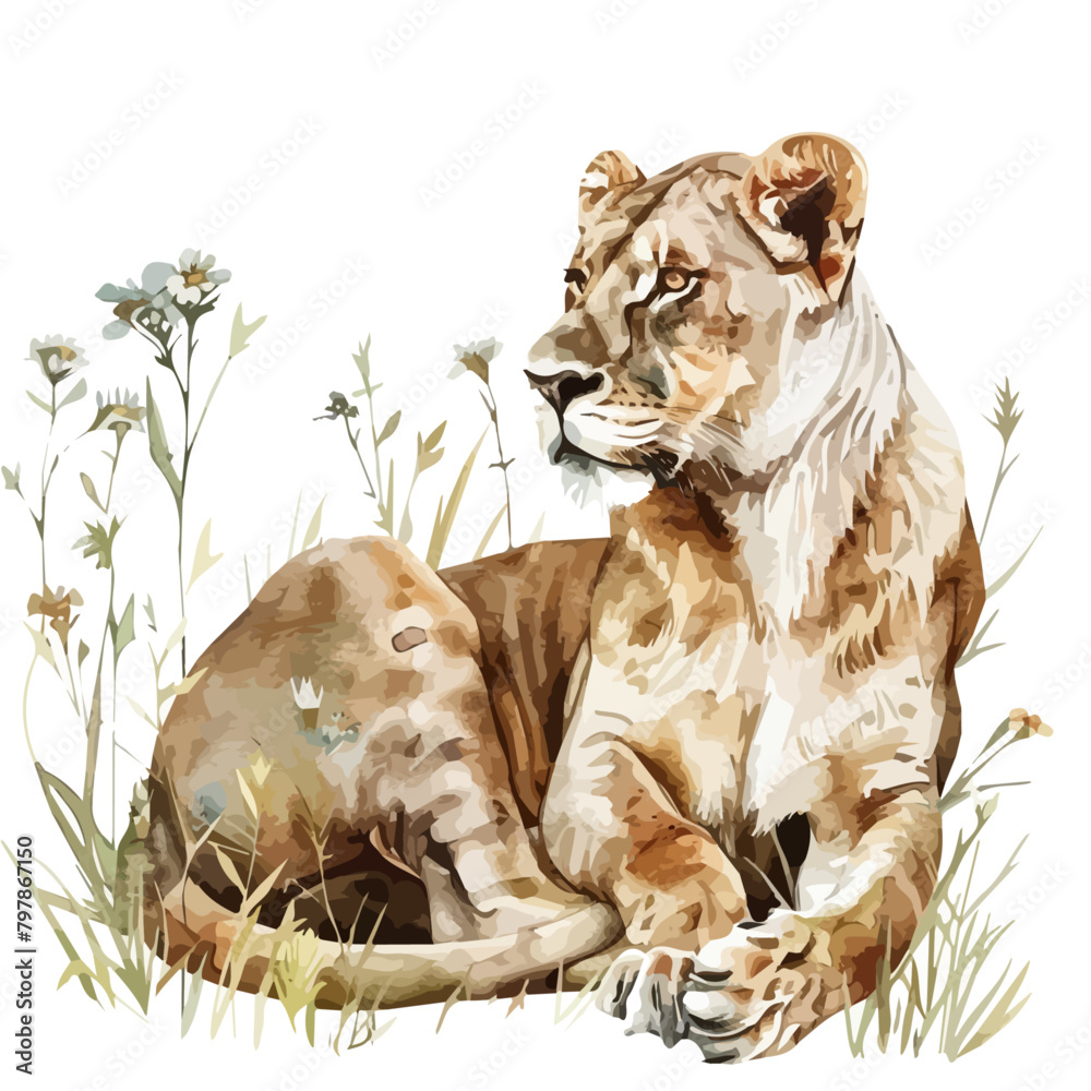 Watercolor painting of a female lion (lioness), isolated on a white ...