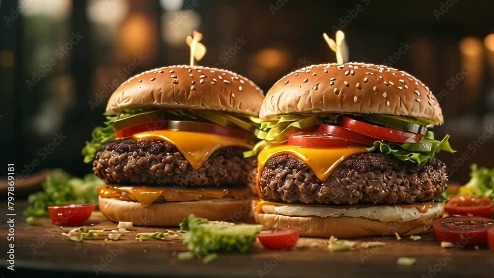 Video animation of two mouthwatering burgers stacked on top of each ...