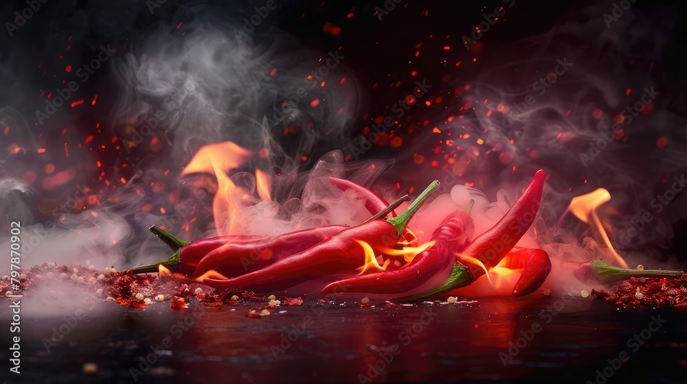 Group of Red Hot chili pepper on fire and smoke at black background ...