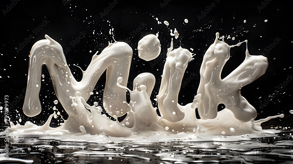 The word milk, written in a fluid font, floats on a black background ...