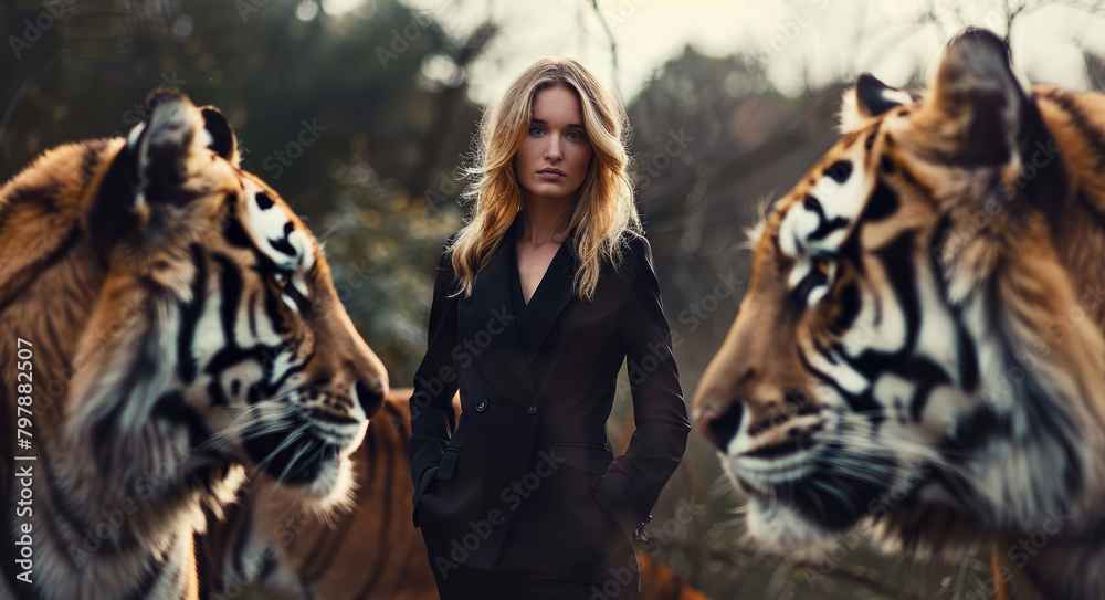 A blond woman in a business suit stands between two tigers with open ...