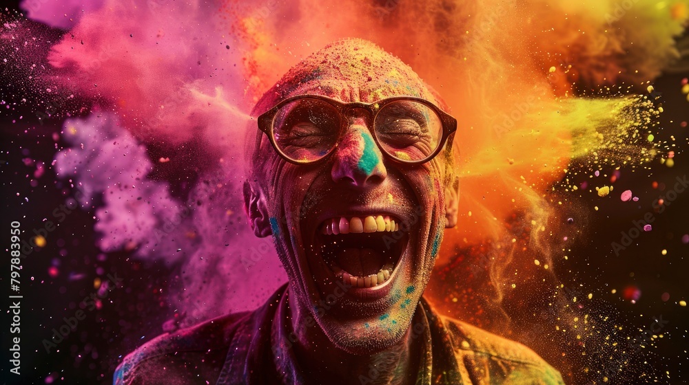 A man with an open mouth and glasses is covered in colorful powder, his ...