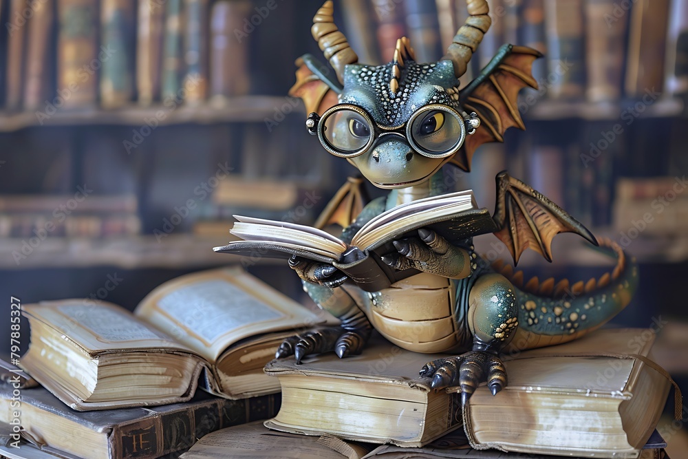 A tiny, adorable dragon sitting on a giant stack of books, wearing ...