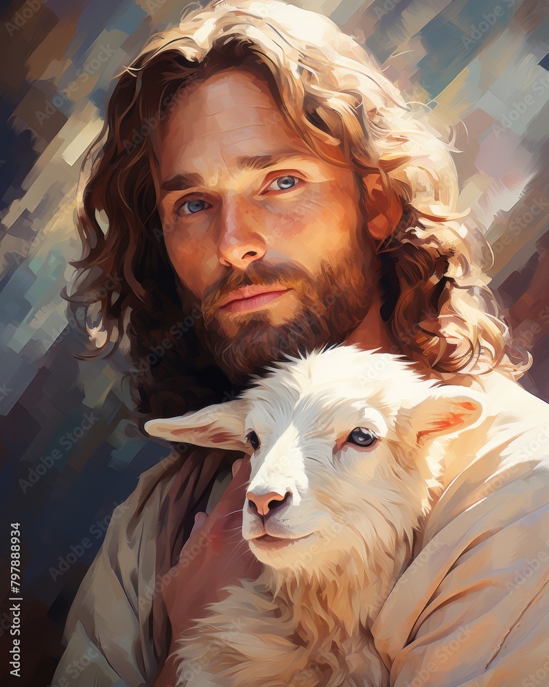Close-up pixel art of Jesus face, gentle eyes, with a lamb in his arms ...