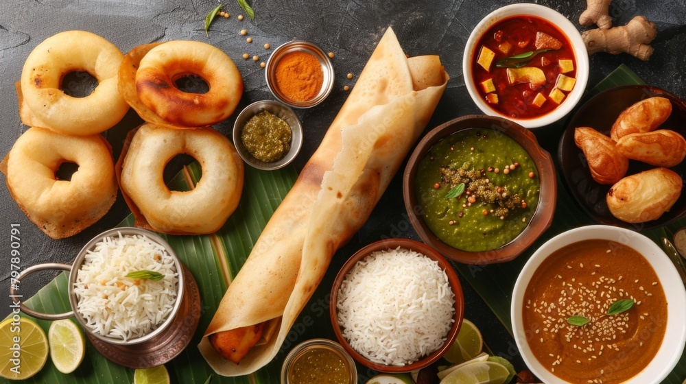 A traditional South Indian breakfast spread featuring dosas, idlis ...