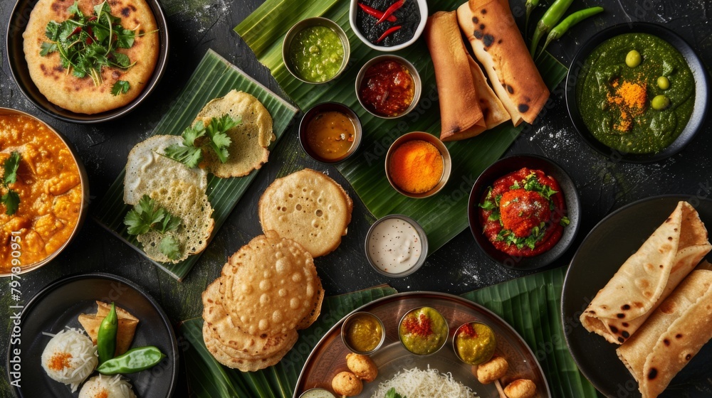 A traditional South Indian breakfast spread featuring dosas, idlis ...