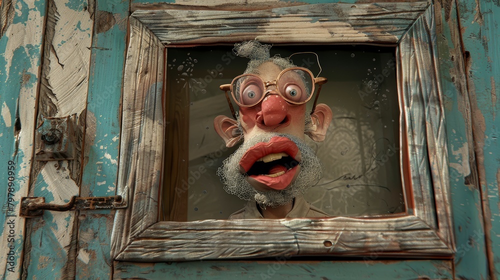 The caricature of an old couple in a funny and surreal style is in the ...
