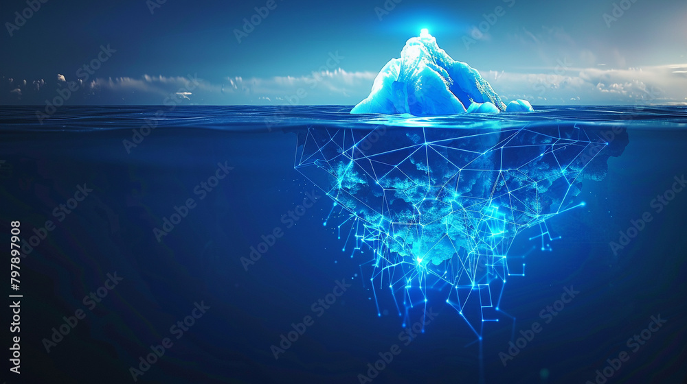 An image of a digital iceberg, with its tip glowing in blue above the ...