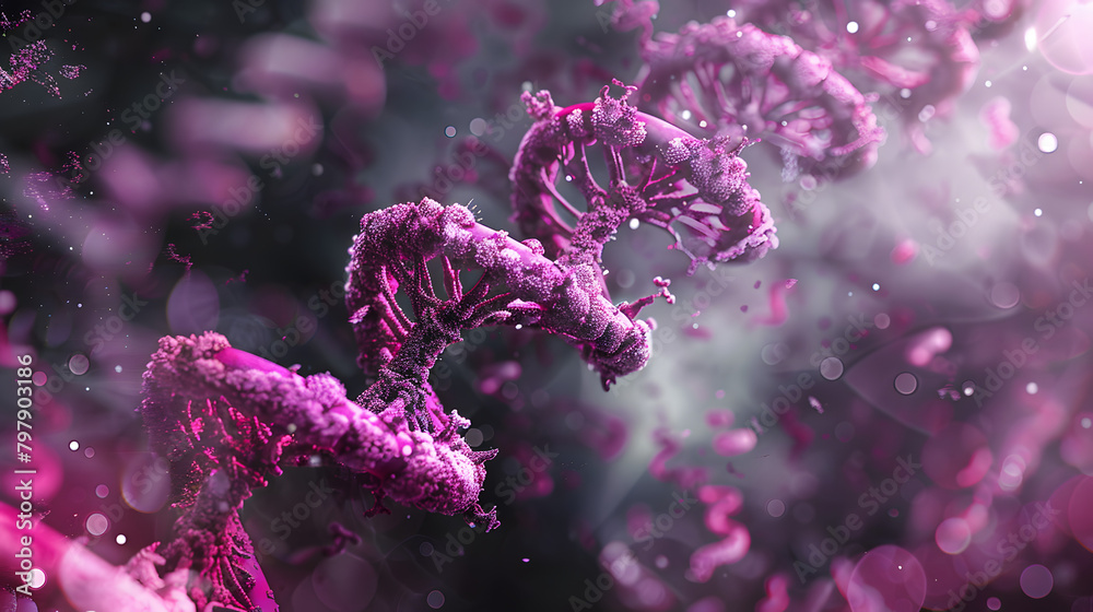 pink DNA double helixes with images of circular. background dark purple ...