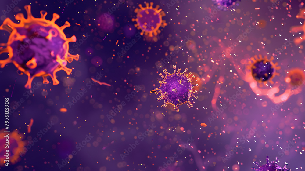 Purple background with orange cells and purple colored virus shapes ...