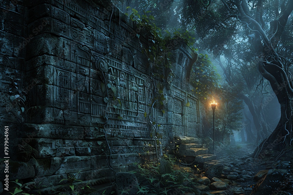 Capture the essence of mystery as a dimly-lit forest reveals ancient ...