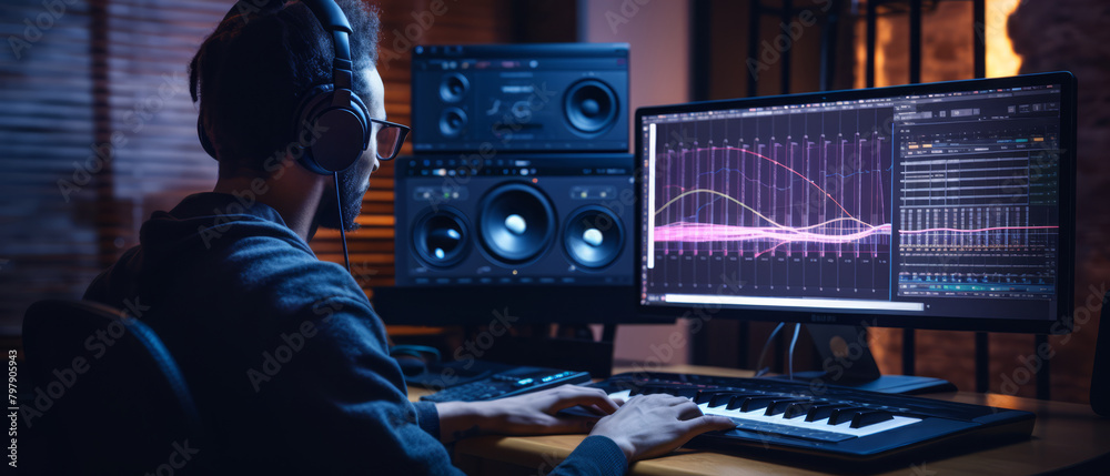 Music producer analyzing waveforms on a computer screen while recording ...