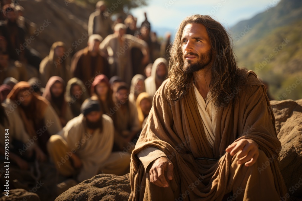 Biblical drama: vivid portrayal of Jesus Sermon on the Mount, capturing ...