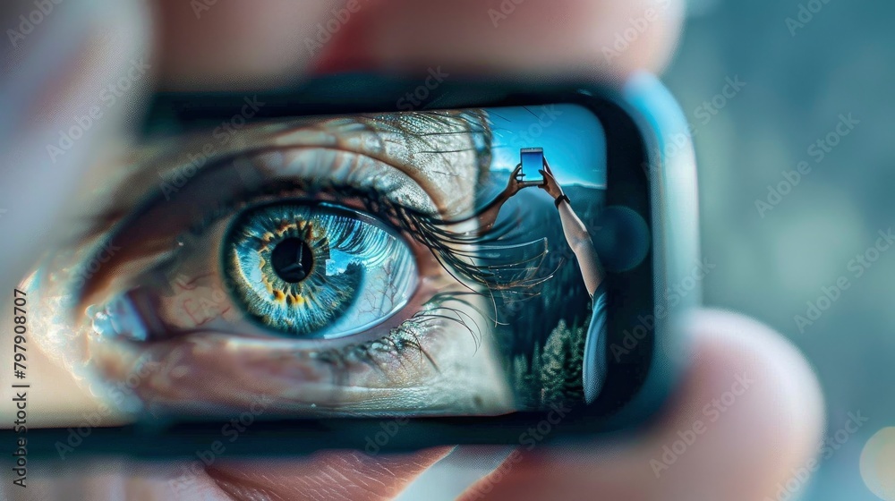 A detailed illustration of an eye with the iris reflecting a person ...