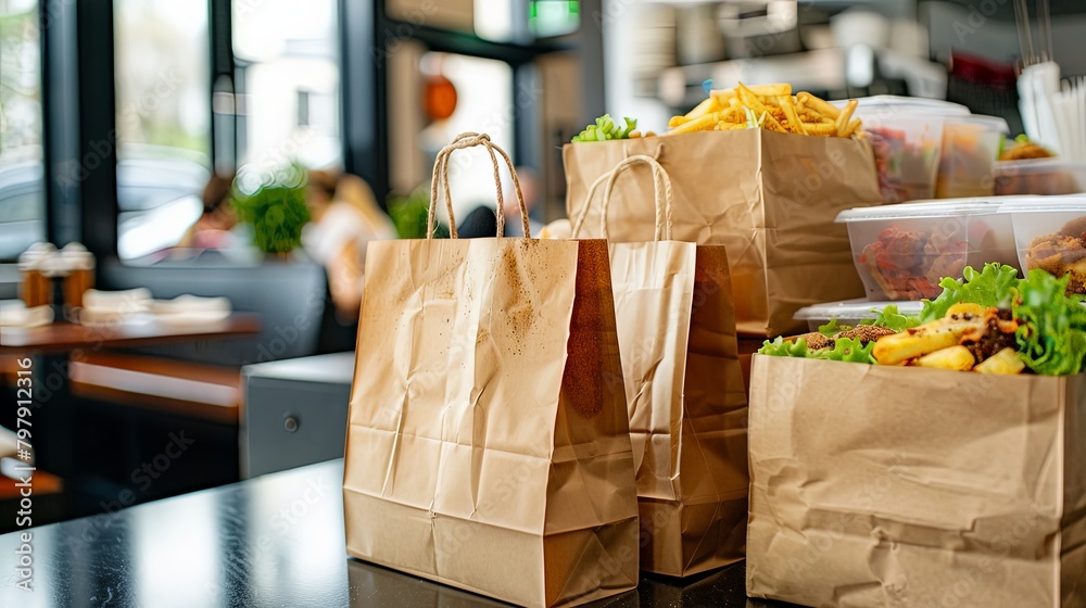 A stack of paper bags containing takeout meals from a restaurant ...