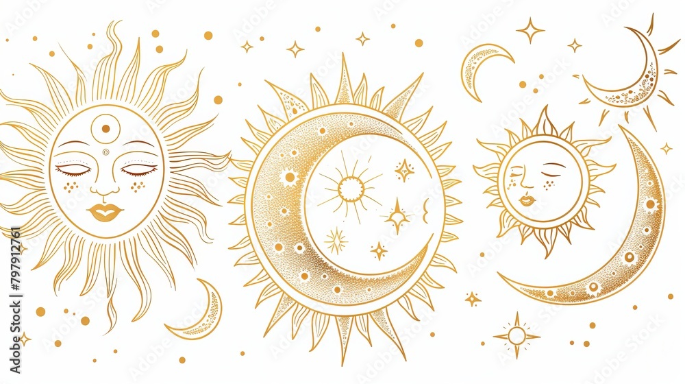 Mystical sun and moon designs in a golden boho style. Use them for ...