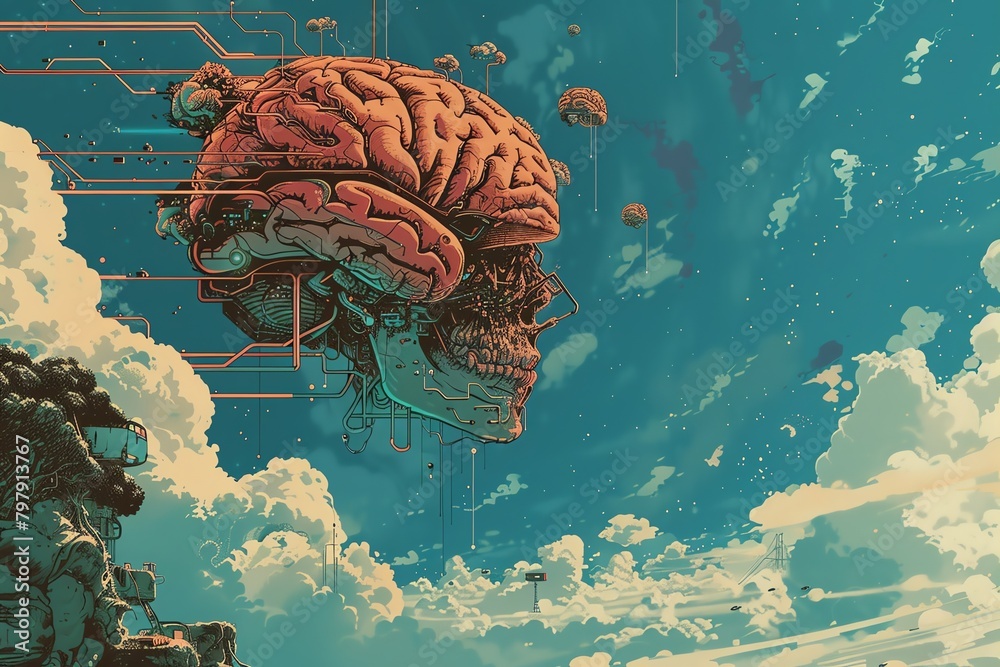 Illustrate a dynamic scene where a human brain merges with intricate ...