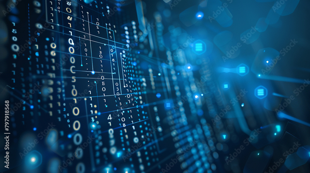 A futuristic digital background with elements of data technology and cyber security, such as ...