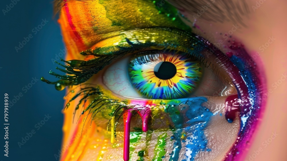An eye with rainbow paint dripping down its eyelids, creating an ...