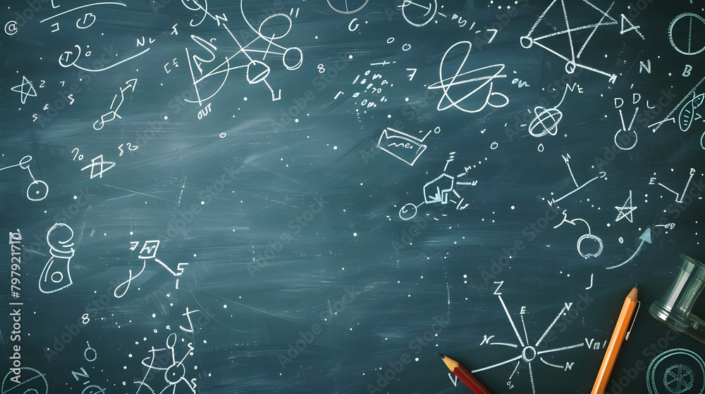 School-themed background with a chalkboard and doodles of math symbols ...