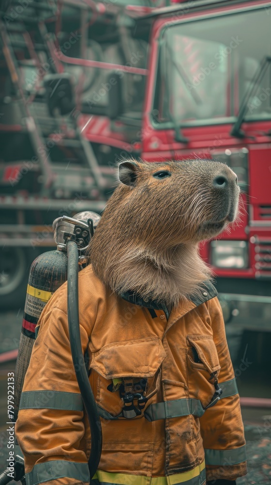 Capybara in a firefighter uniform heroically posing in front of a fire ...