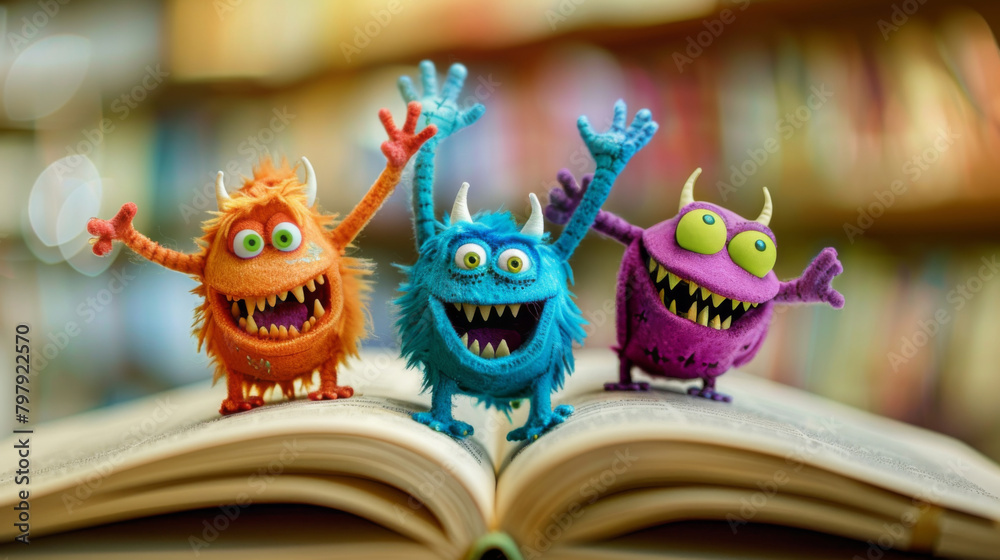 Book, fantasy and happy monster in library for imagination, adventure ...