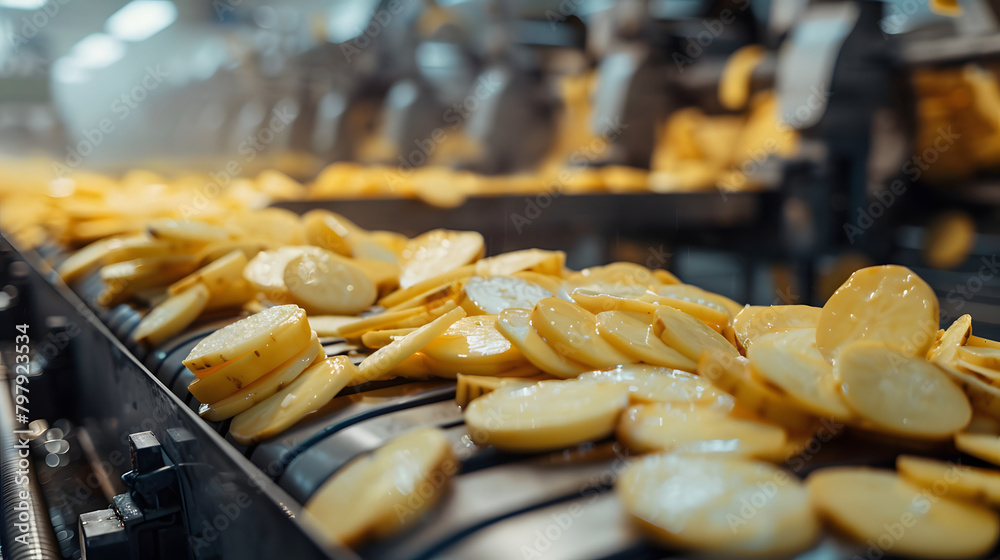The food manufacturing unit is overflowing with slices of potatoes ...