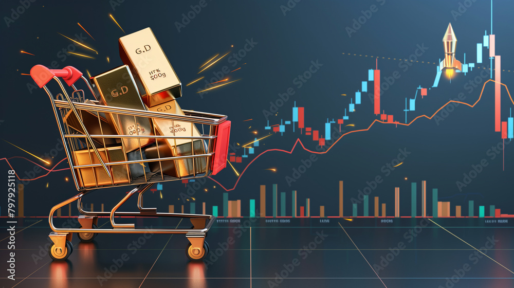 Shopping cart gold bars on stock chart background, price growth up ...
