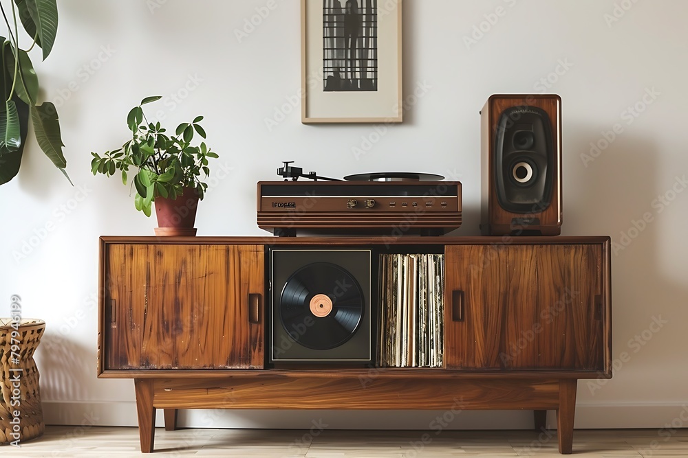 Foto de Mid-century modern credenza showcasing a classic record player ...