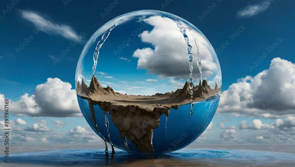 A sphere shaped like a drought, with the lower part resembling water, a ...