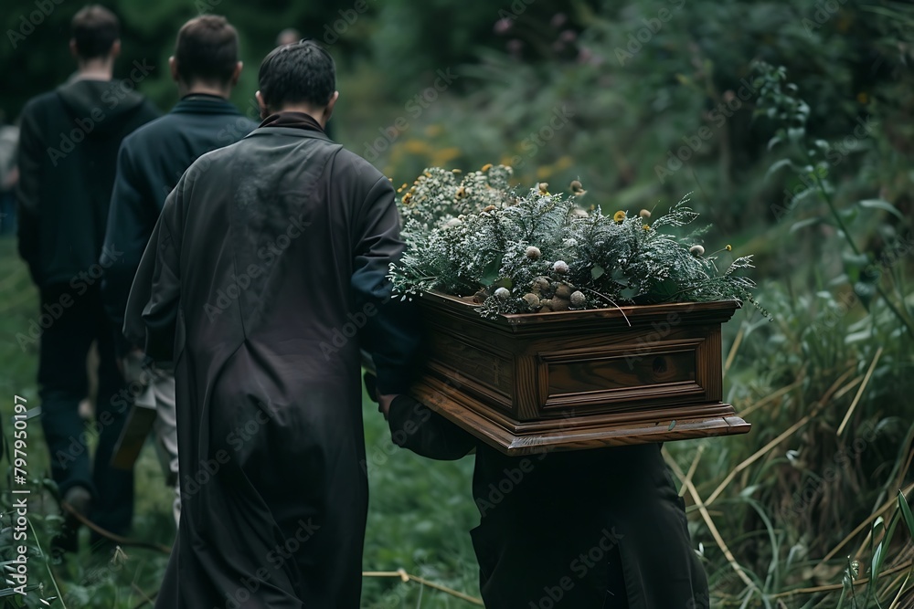 Religion, death and dolor - coffin bearer carrying casket at funeral to ...