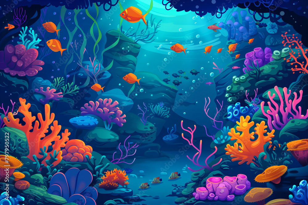 Colorful cartoon underwater background with sea creatures, coral reefs ...