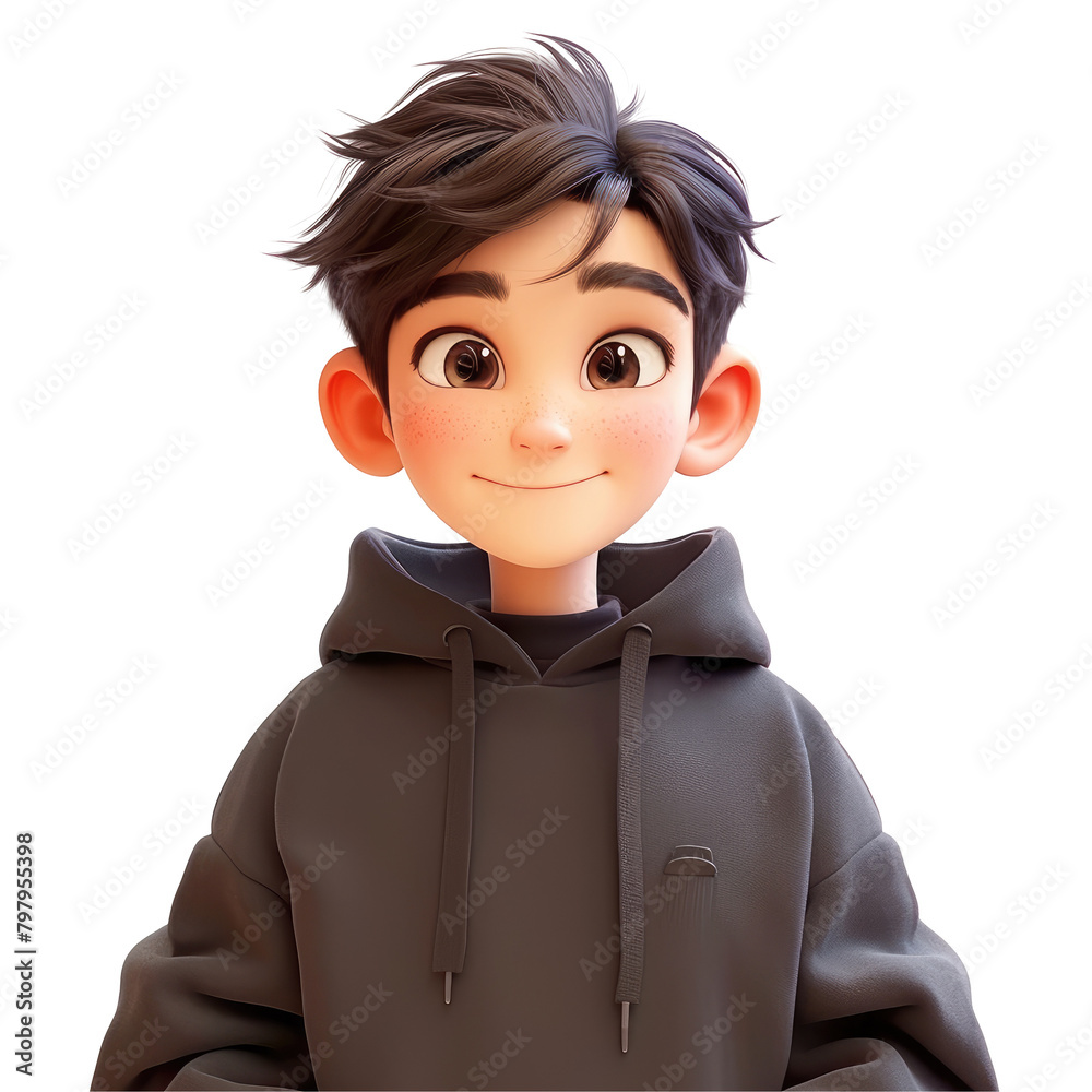 A stylized cartoon boy of Asian descent strikes a pose against a clean ...