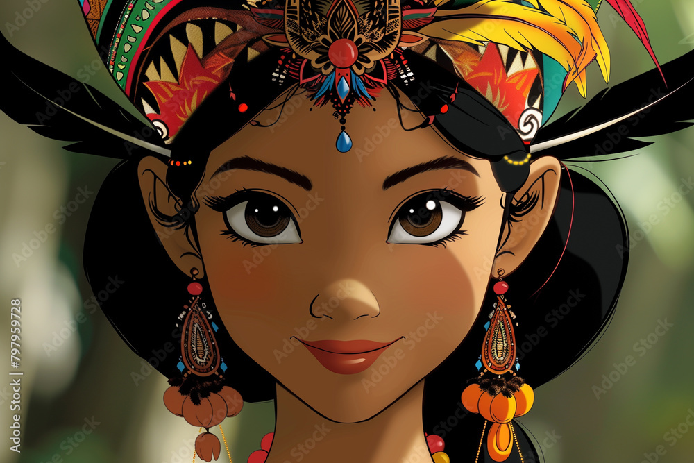 A smiling Dayak girl in traditional Gawai Dayak festival attire ...
