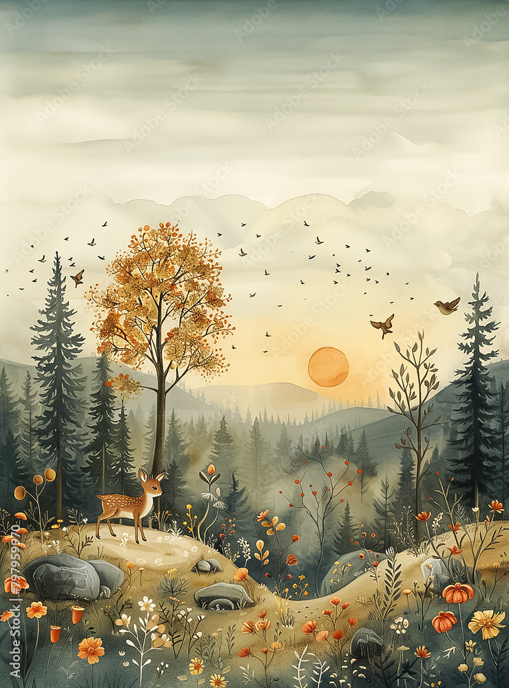 Drawing of a postcard depicting a forest clearing with plants and ...