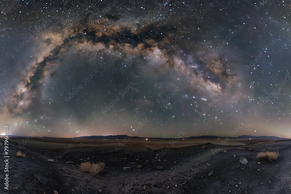 Wide-field astrophotography capturing a starry night sky above a vast ...