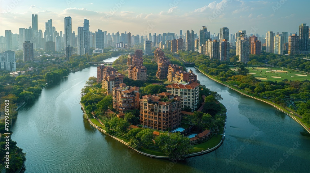 Aerial photo of an urban canal in a dense and pedestrianized Upper East ...