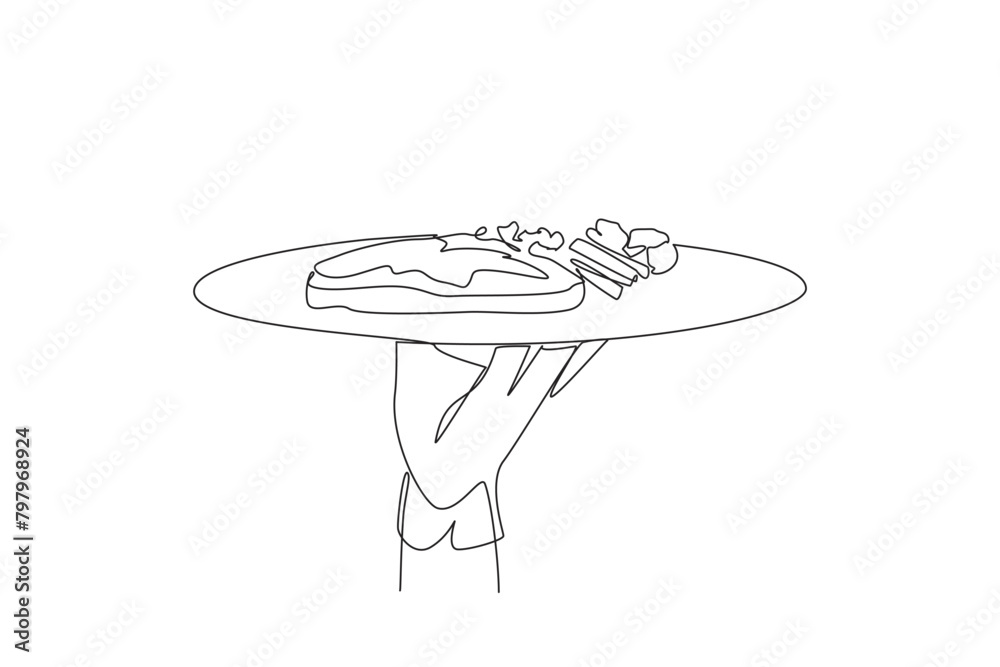 Single one line drawing waiter holding food tray serving steak ...