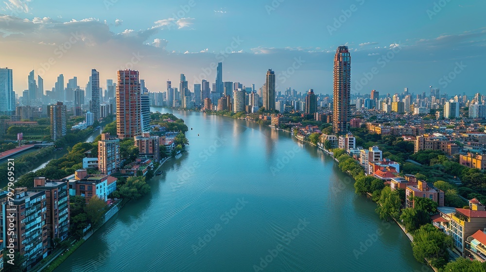 Aerial photo of an urban canal in a dense and pedestrianized Upper East ...