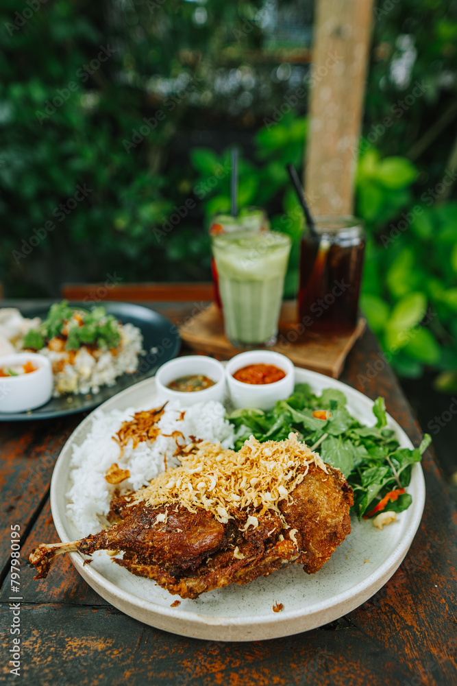 Indonesian Lunch Menu: Deep fried duck with rice and three types of ...