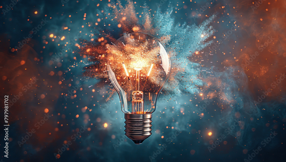 Glowing lightbulb with sparks and smoke on dark blue background ...