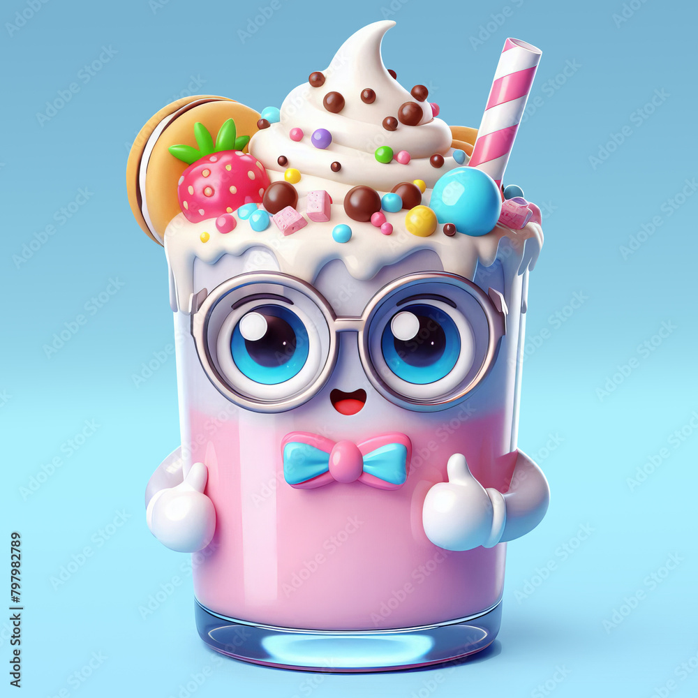 A close-up of a cute 3D milkshake render, featuring a cartoon character ...