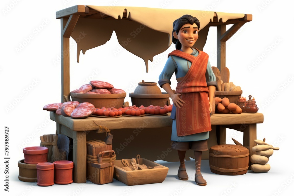 b'A female merchant stands behind her market stall selling various ...