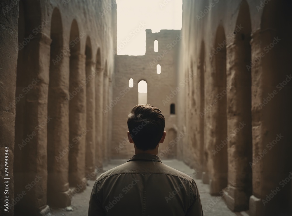 A fresco art style depiction of a person surrounded by towering walls ...